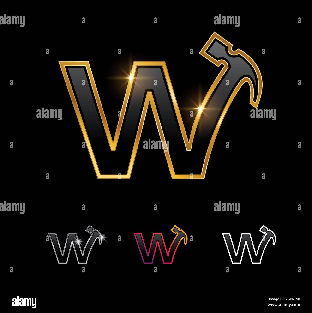 A vector illustration set of Golden Monogram Hammer Letter W Stock ...