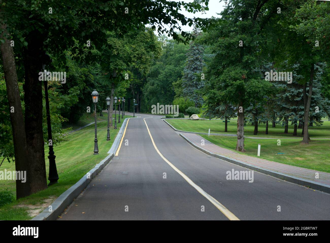 Highway through summer forest. Green trees beside of road going in the ...