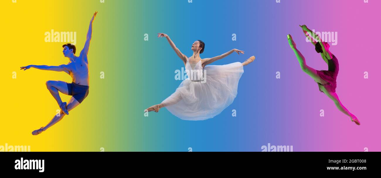 Collage of portraits of female and male ballet dancers flying isolated ...