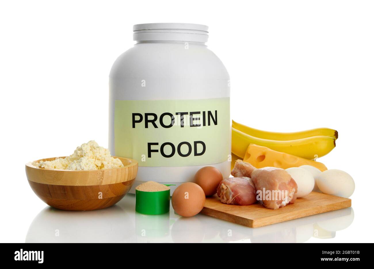 jar of protein powder and food with protein, isolated on white Stock ...