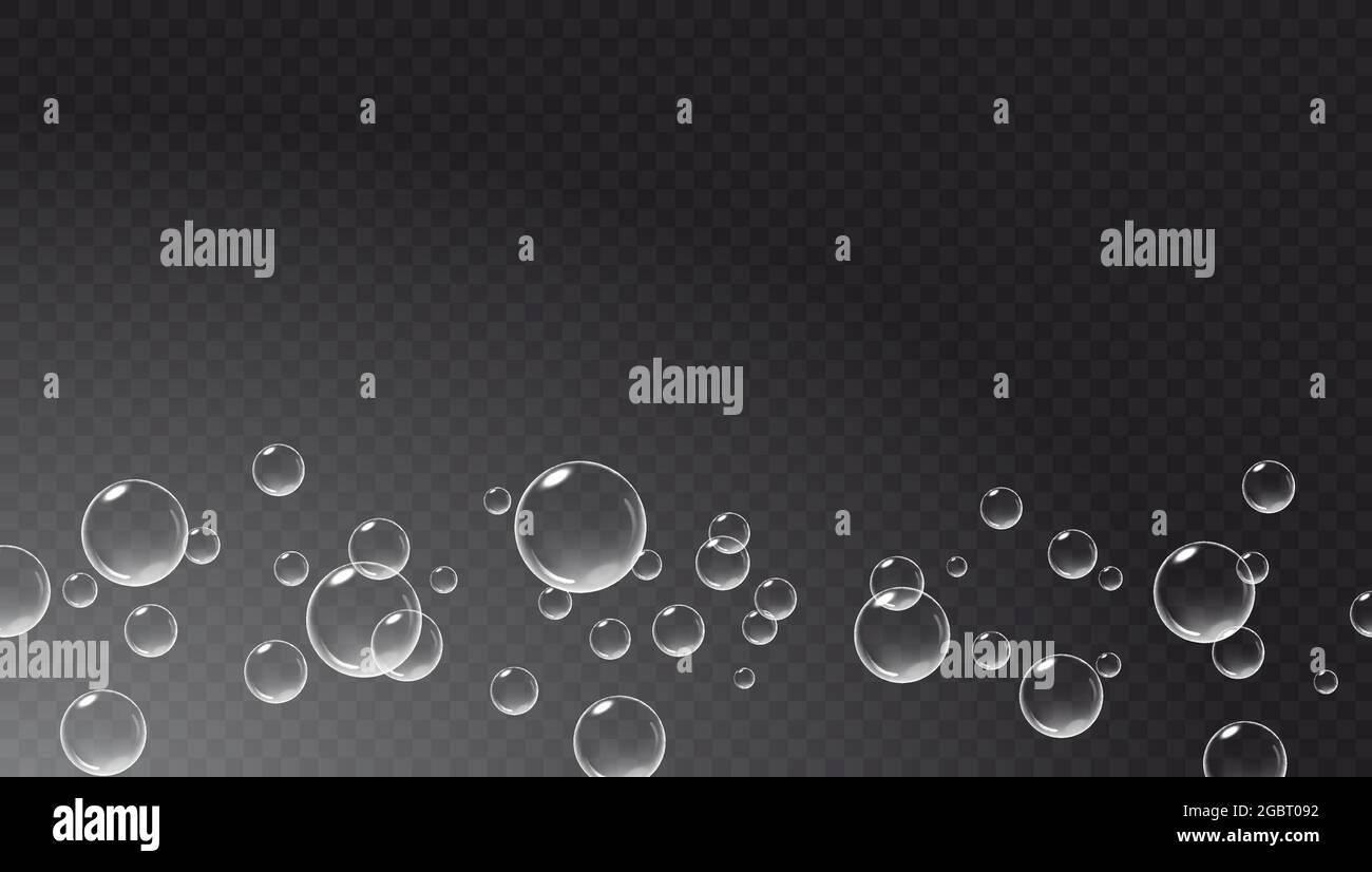 Floating bubbles isolated on dark transparent background. Fizzy air ...