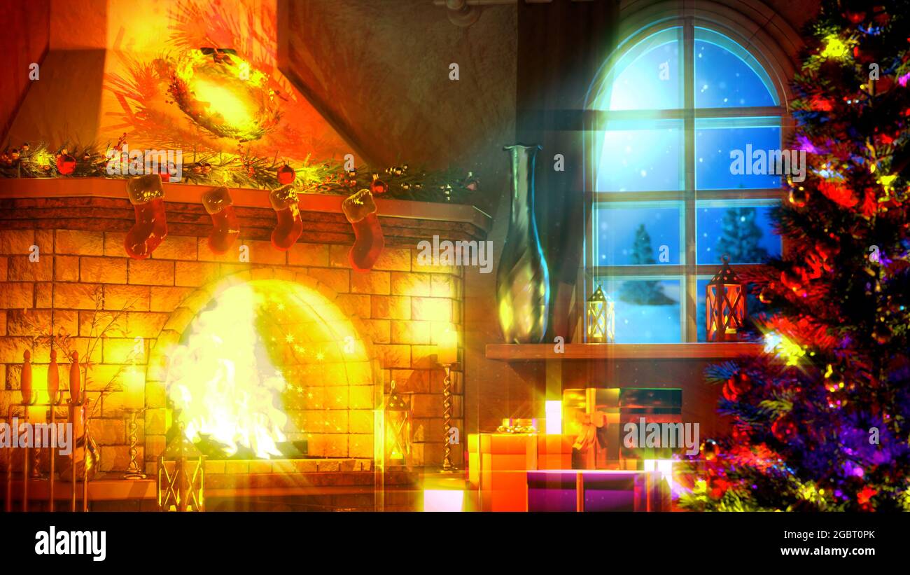 christmas tree and fireplace with fire lighting - digital object 3D ...