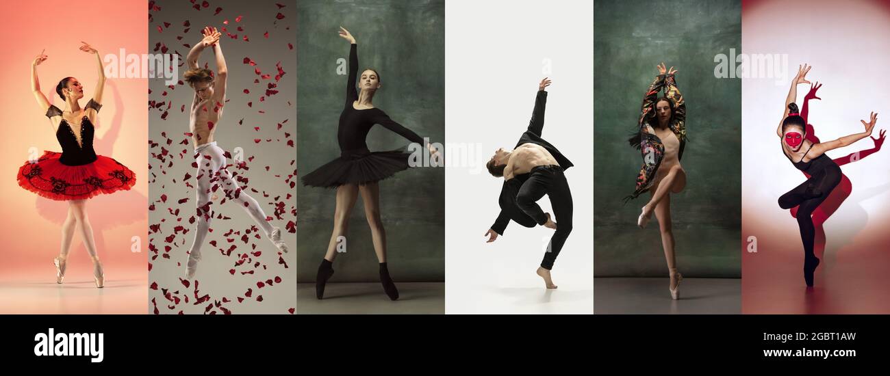 Collage of portraits of male and female ballet dancers dancing isolated ...