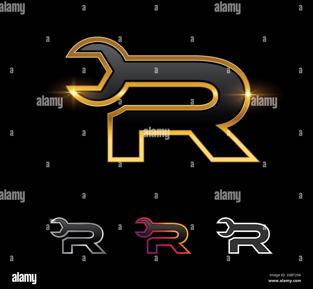 A vector illustration set of Golden Mechanic Monogram Logo letter R ...