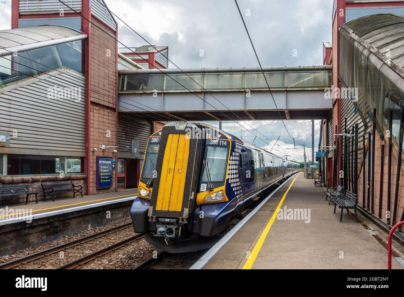 A Siemens Desiro Class 390 Electric Multiple Unit (EMU) train at Platform 1 at Prestwick ...