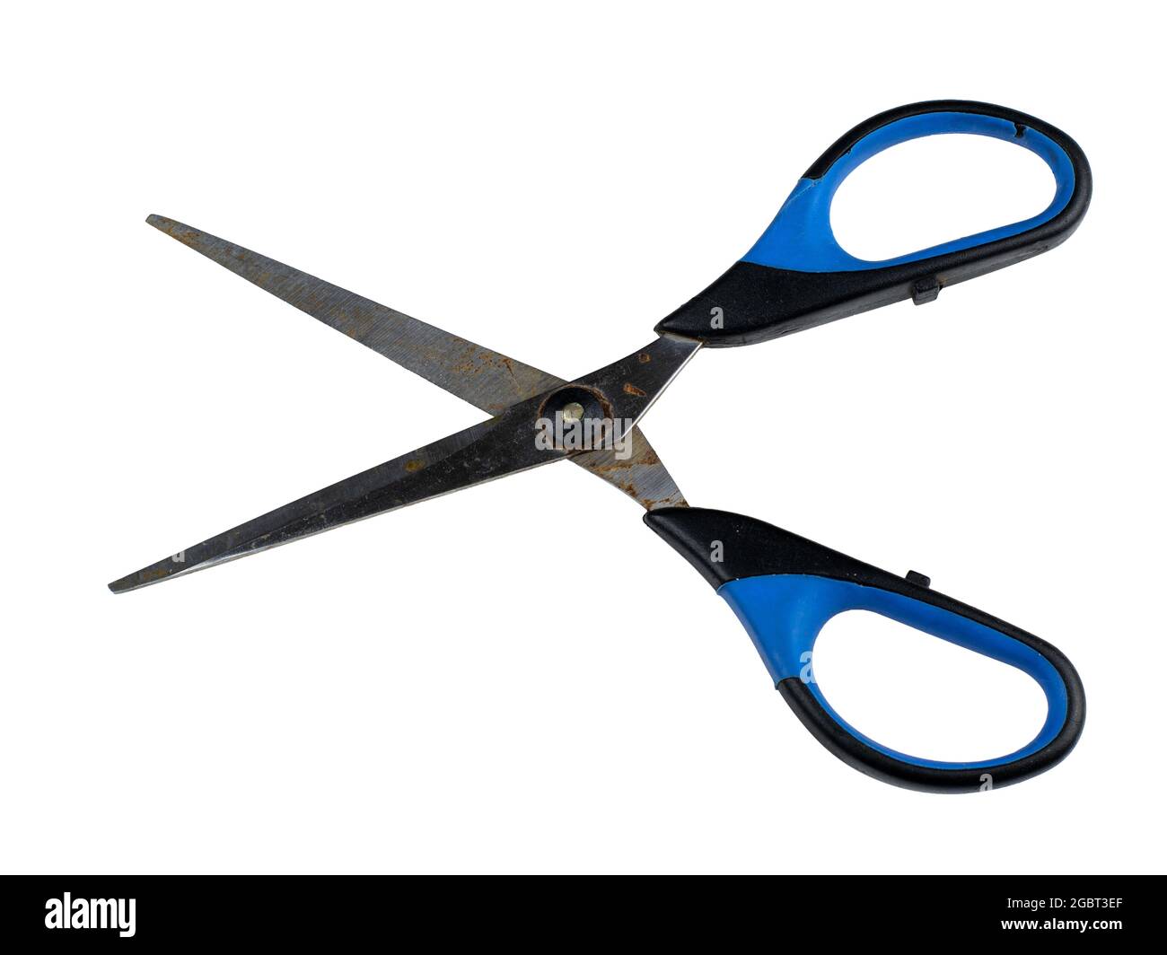 Rusty scissors blade with blue black handle isolated on white ...