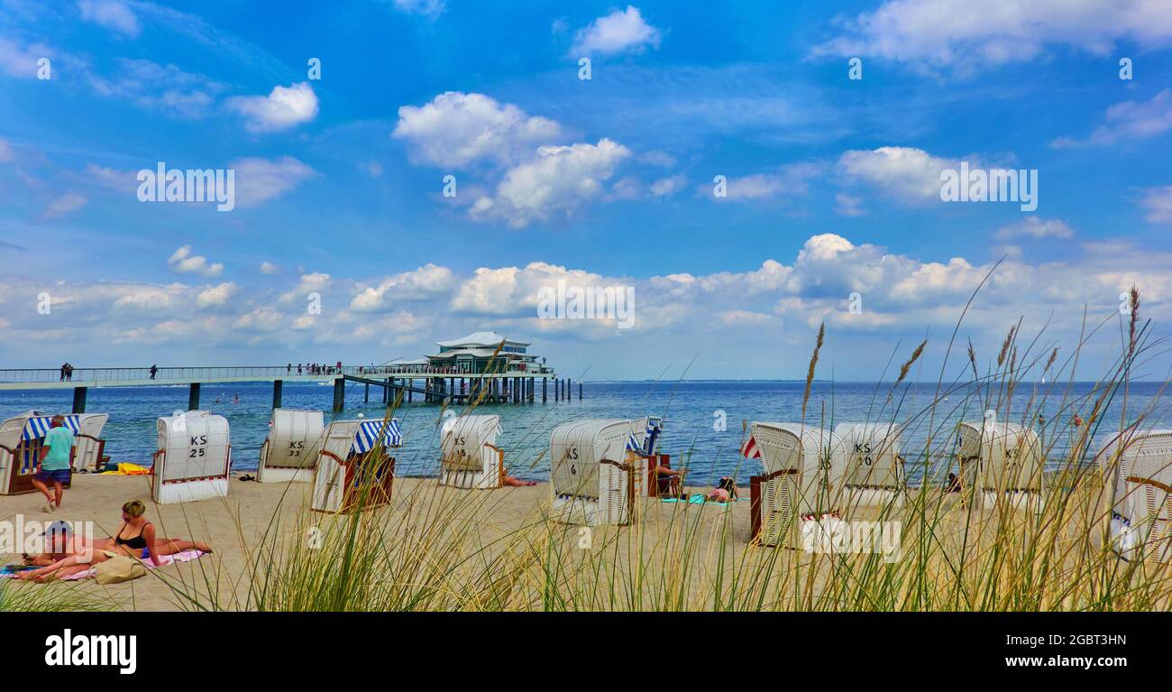Timmendorf, Germany June 11, 2021: Bathing beach on the Baltic Sea with ...