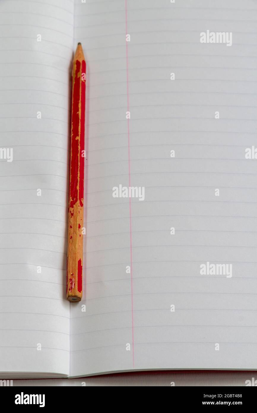A chewed pencil lies in the gutter of an open notebook with a blank ...