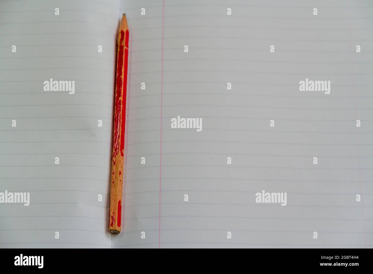 A chewed pencil lies in the gutter of an open notebook with a blank ...