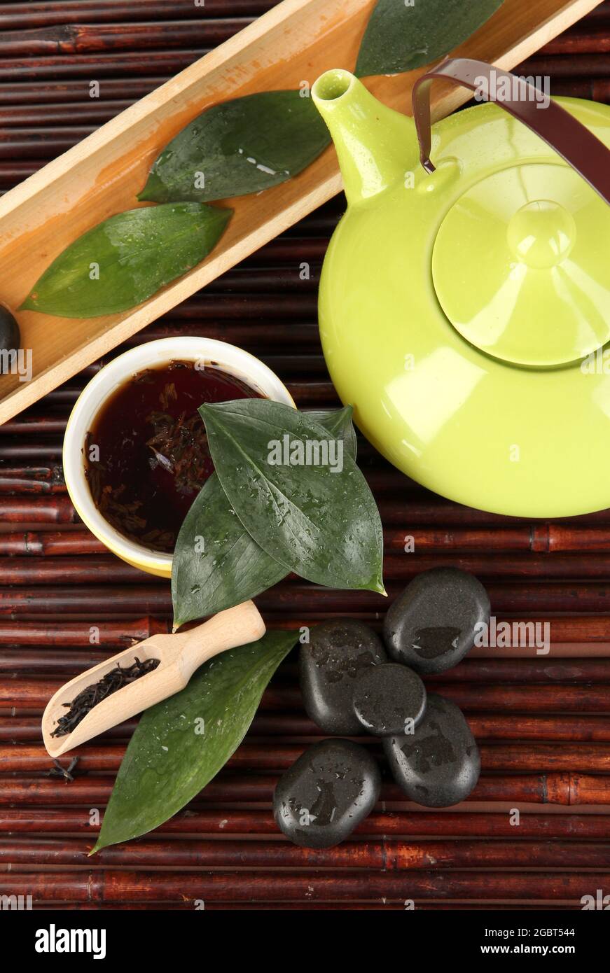 Chinese tea ceremony on bamboo table close-up Stock Photo - Alamy