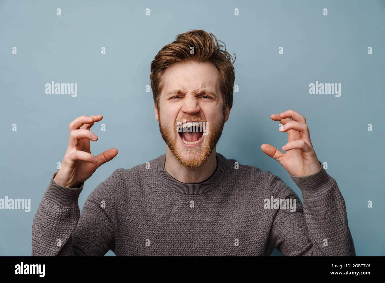 White ginger man with beard screaming and gesturing at camera isolated ...