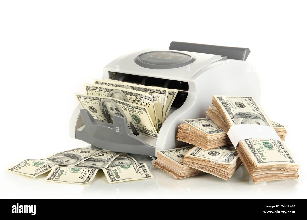 Machine for counting money and 100 dollar bills isolated on white Stock ...