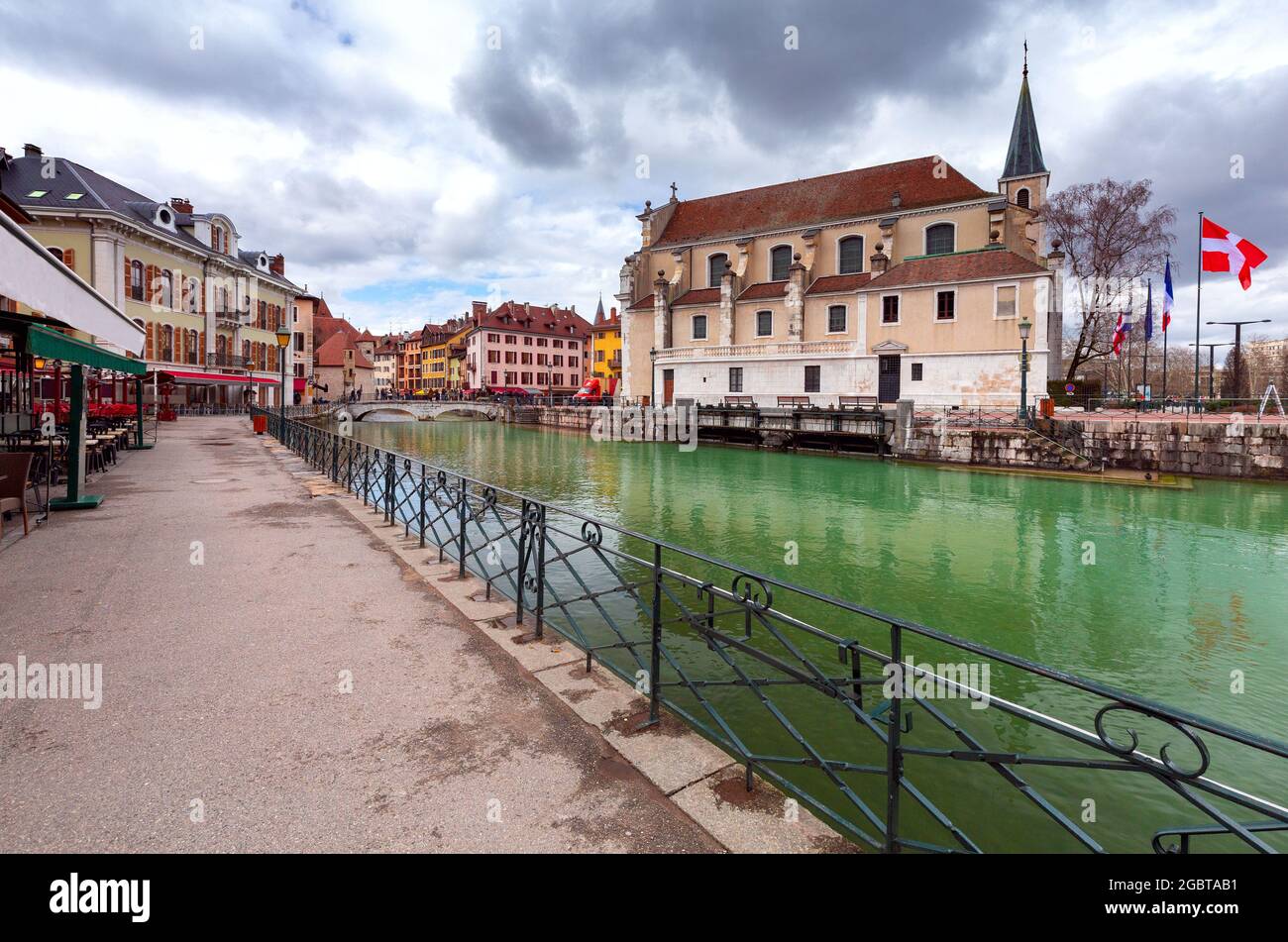 Facades of medieval houses in the old city early morning. Annecy ...
