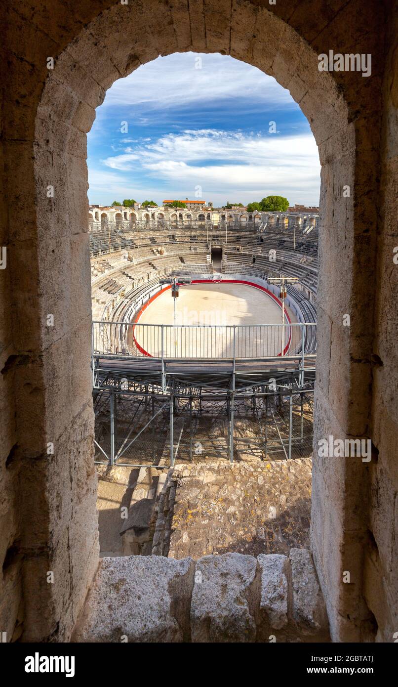 Arles, France - May 16, 2019: View of the old antique arena of the ...