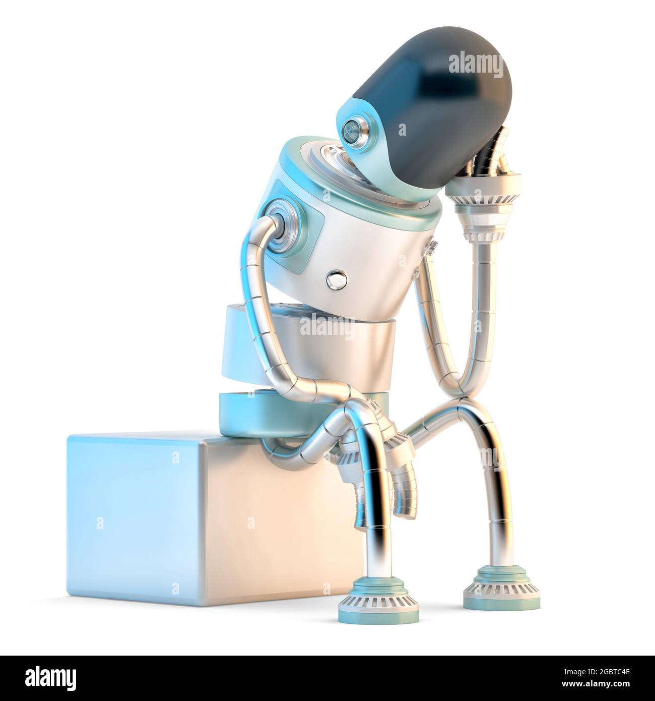 Depressed sad robot sitting on black. 3D illustration. Isolated Stock ...