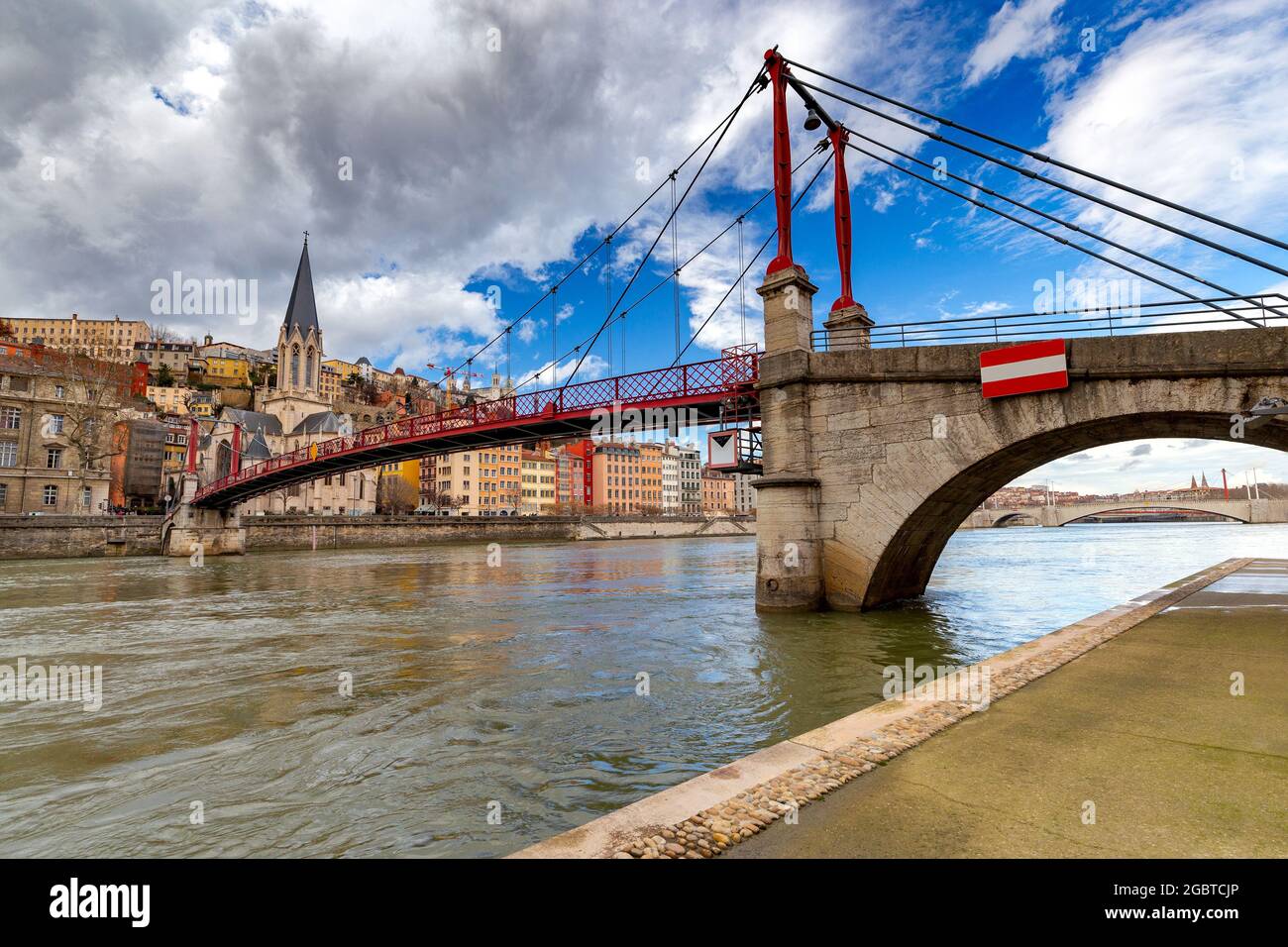 View of the famous bridge of St. George over the river Sona. Lyon ...