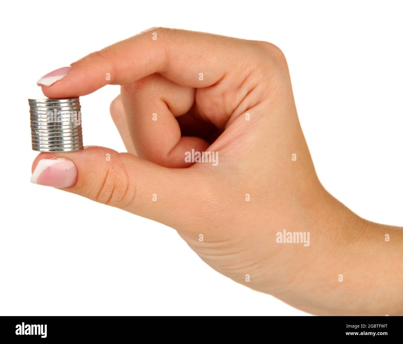 Woman hands with coins isolated on white Stock Photo - Alamy