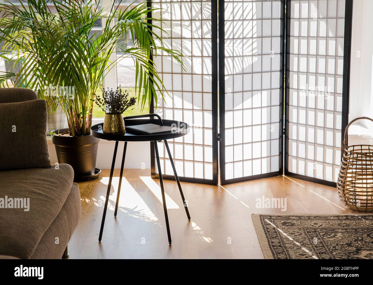 Home living room with wood and paper divider screen blocking sun from ...