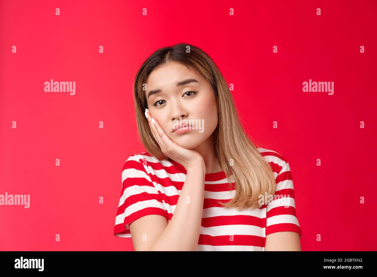 Close-up tired girl express apathy boredom, sighing reluctant look ...