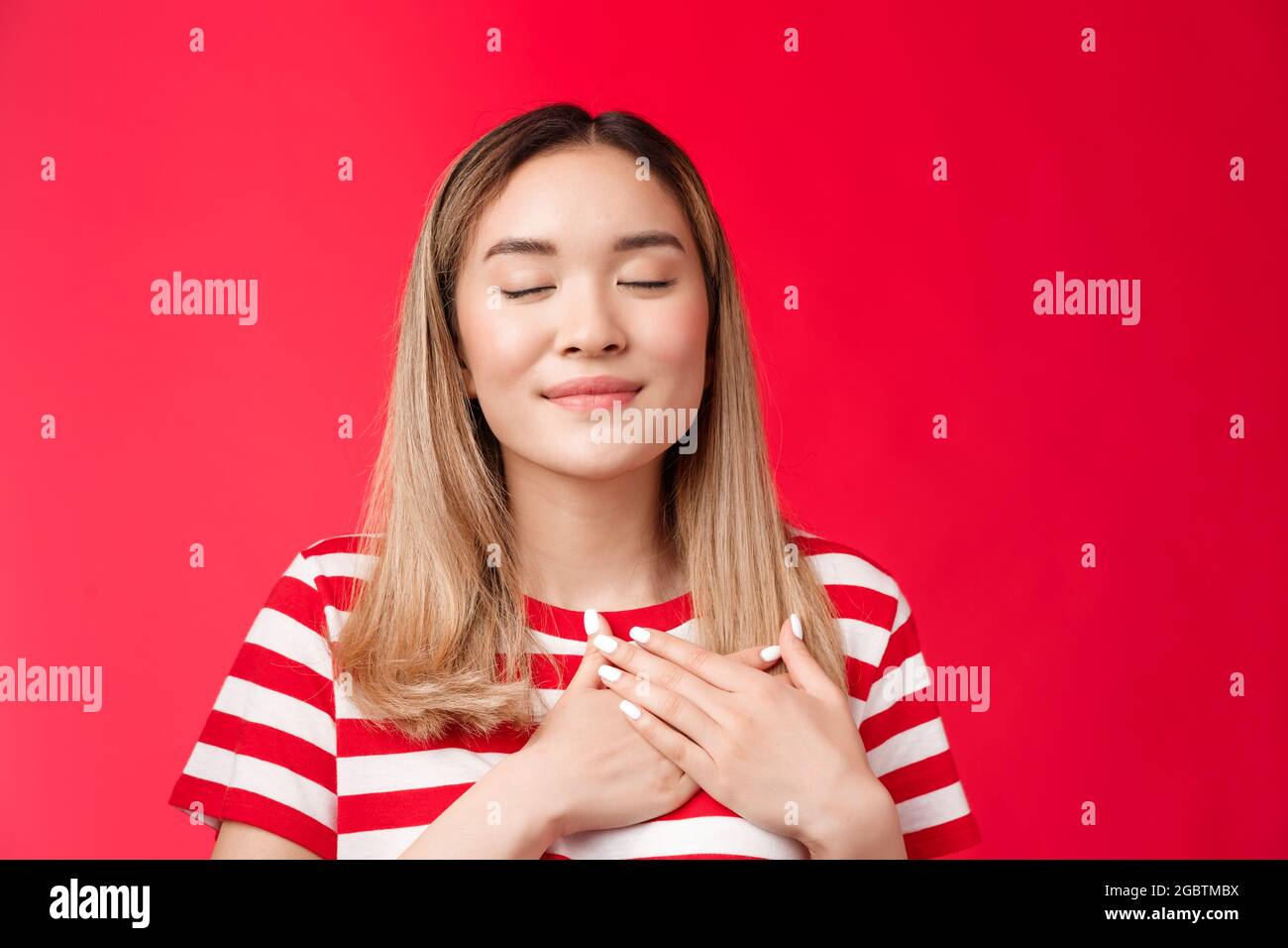 Love warm girls heart. Tender romantic asian woman close eyes feelings ...