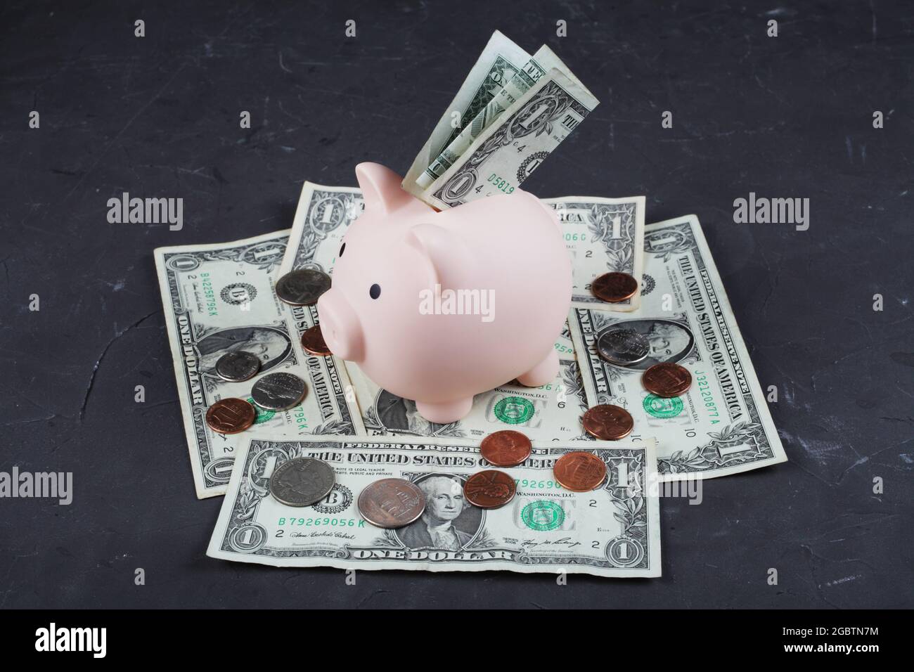 piggy bank a pig stands on one-dollar bills spread on a concrete floor ...