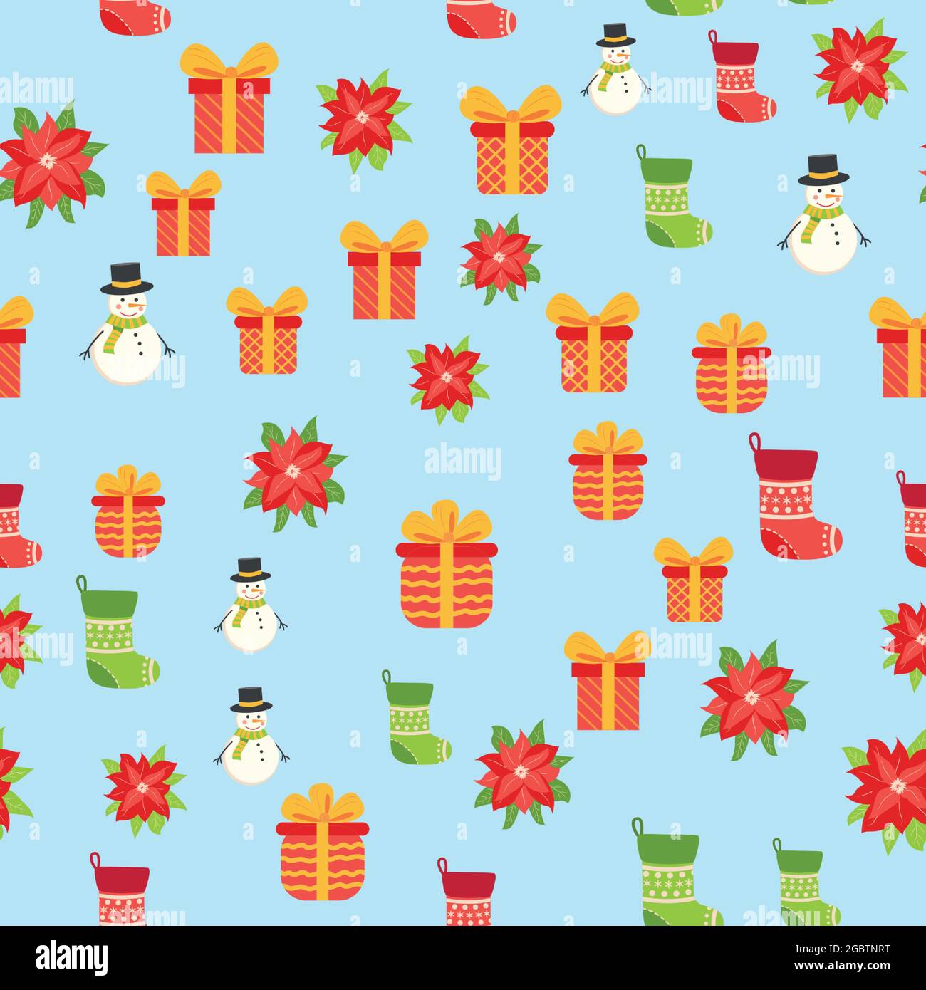 Seamless pattern with cute cartoon Christmas snowman, gifts, poinsettia ...