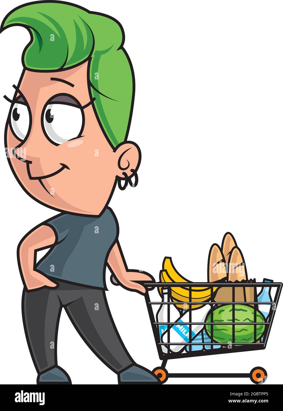 Cartoon illustration of a young woman with the full shopping cart Stock ...