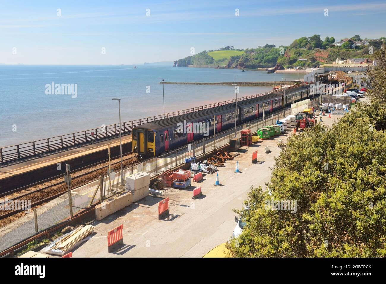 Dawlish railway station in May 2021 during building works to raise the ...