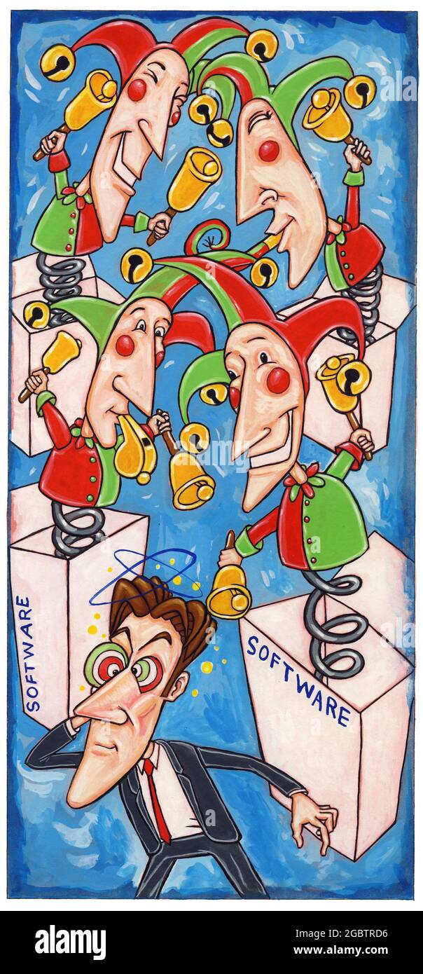 Concept art or a confused man surrounded by boxes. Clowns, holding ...