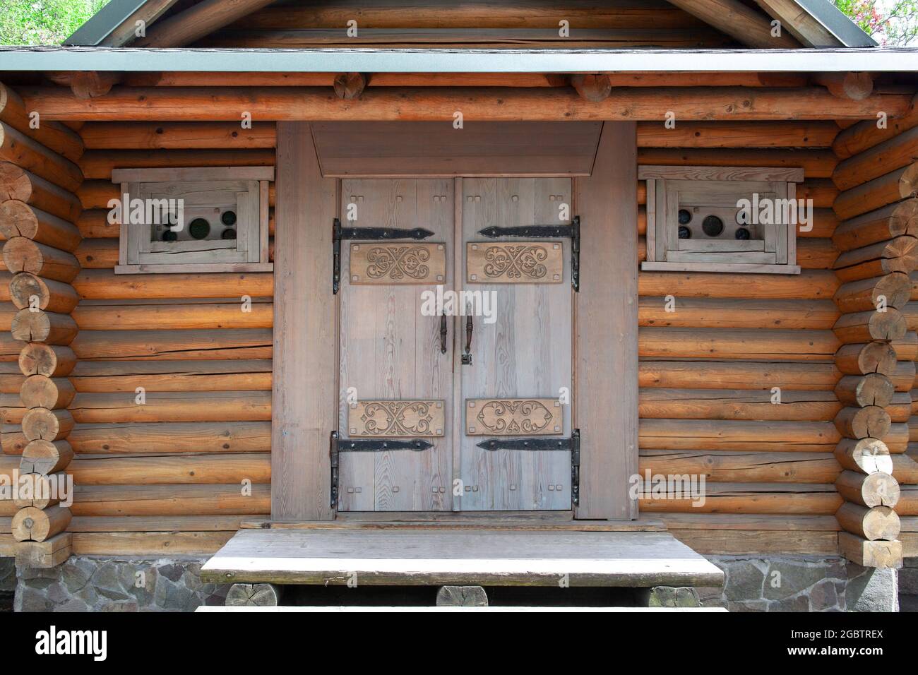 The construction of the cottage from a bar in the village. old style ...