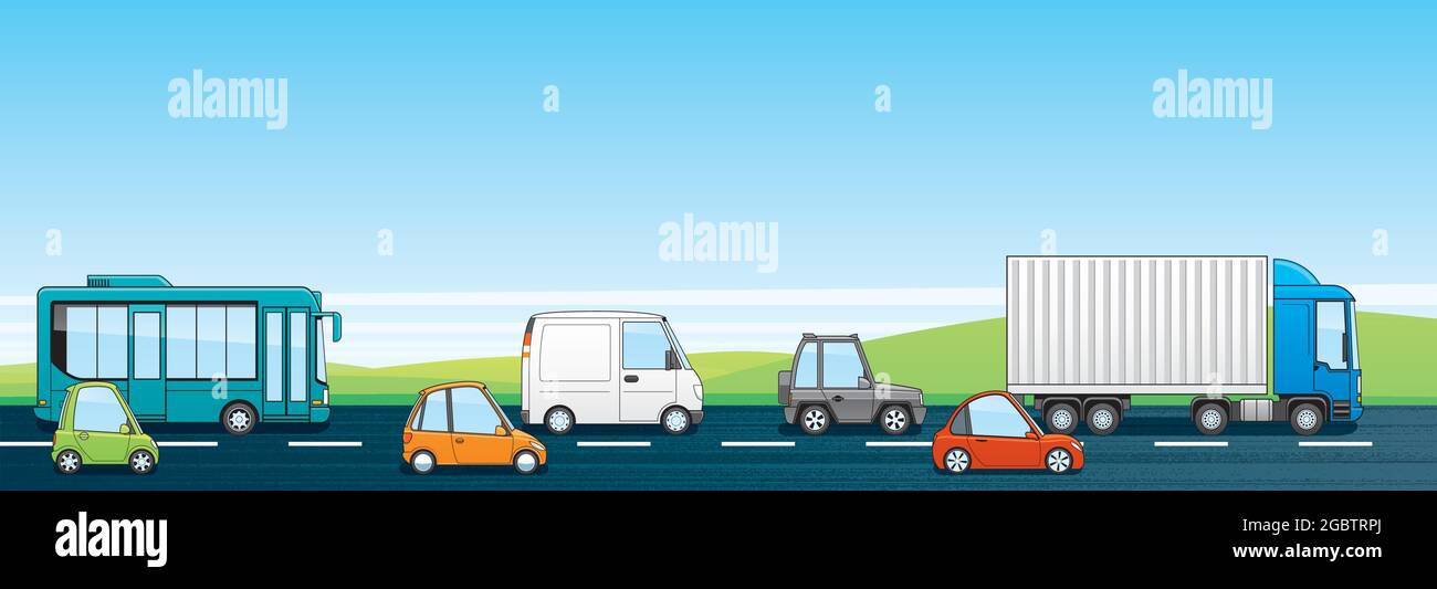Cartoon illustration of a group of vehicles driving on a road Stock ...