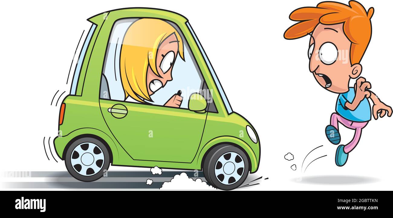 Cartoon illustration of a a driver braking to avoid running over a ...
