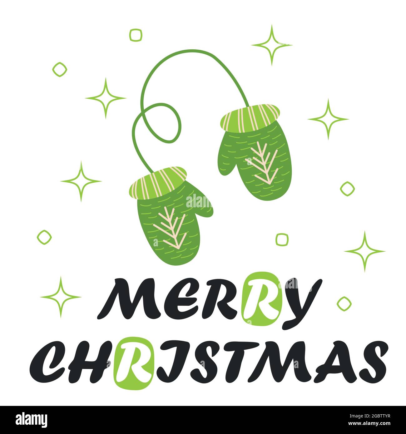 Christmas card with green mittens and lettering. Warm wishes. Cute ...
