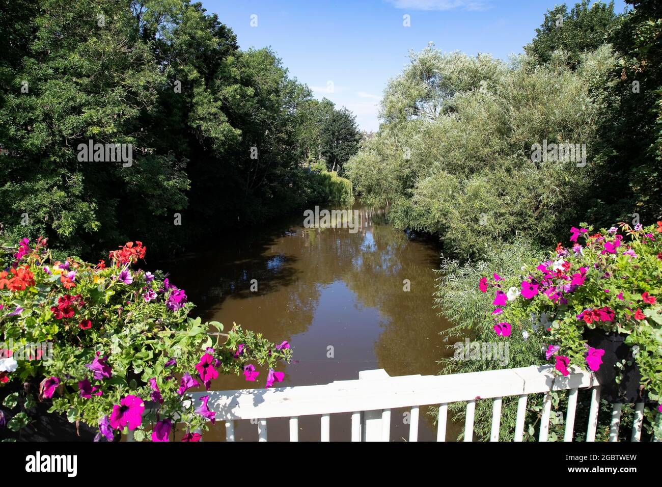 View from a road bridge over the River Calder at Mirfield in West ...