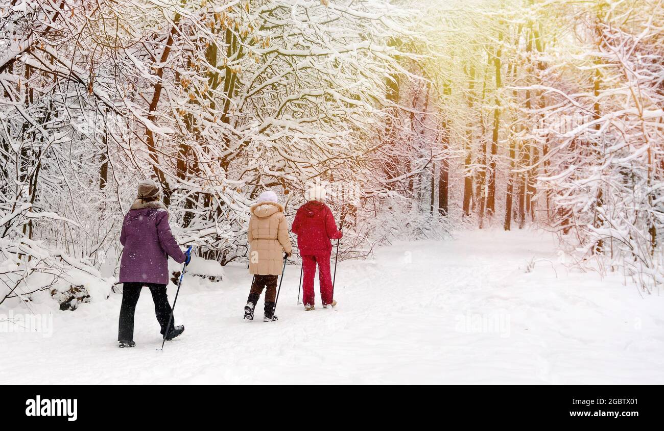 Nordic walking in the winter park Stock Photo - Alamy