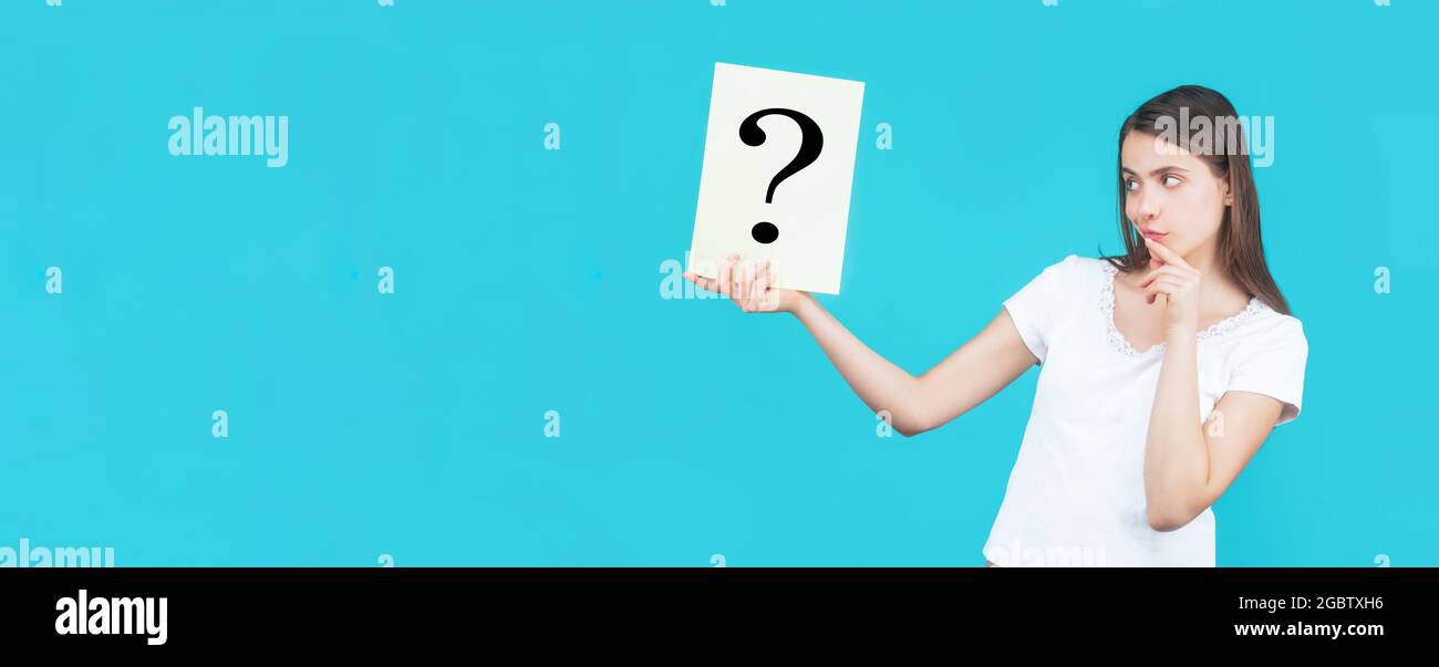 Thinking woman. Getting answers, thinking. Question mark, symbol ...