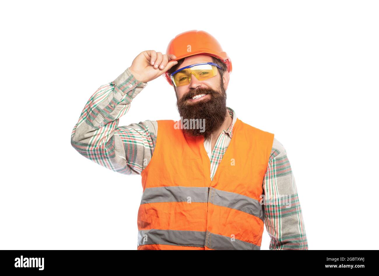 Bearded man worker with beard in building helmet or hard hat. Man ...