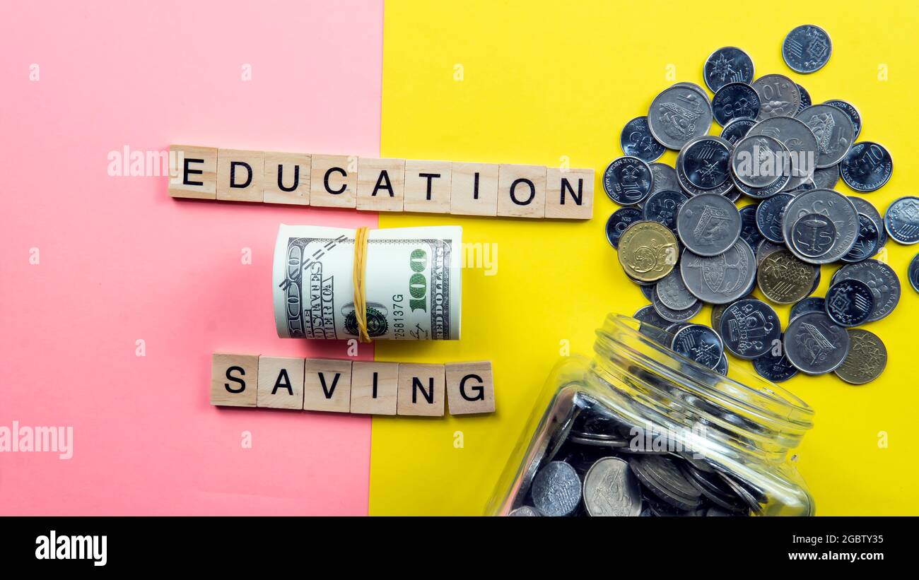 Selectivr focus on a tile of a text Education Saving. Education nowdays ...