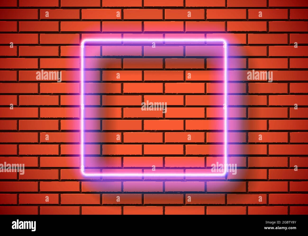 Neon frame with square shape on the red brick wall. Classic rectangular ...