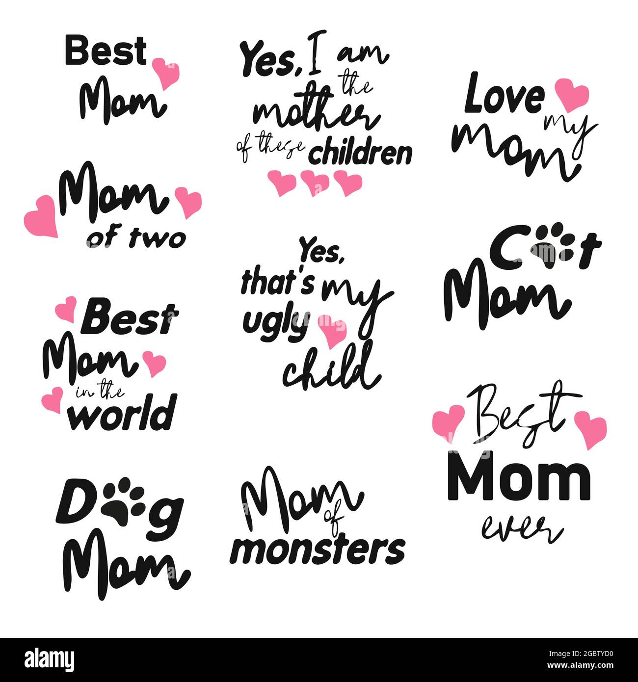 Set of hand drawn lettering phrase Mom, mum, mama. Fun brush ink ...