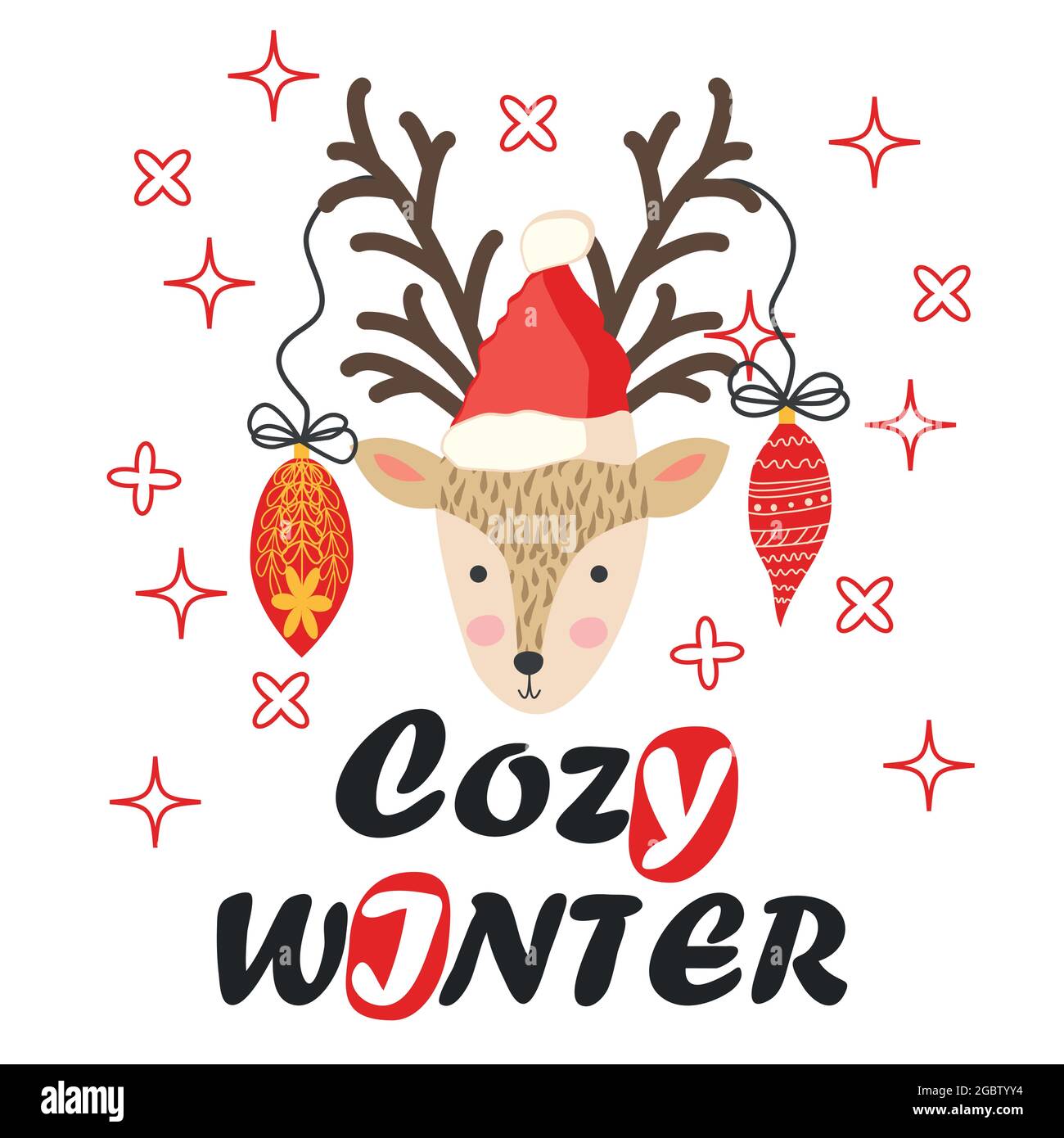 Deer with Christmas balls on the horns. Christmas card with a deer and ...