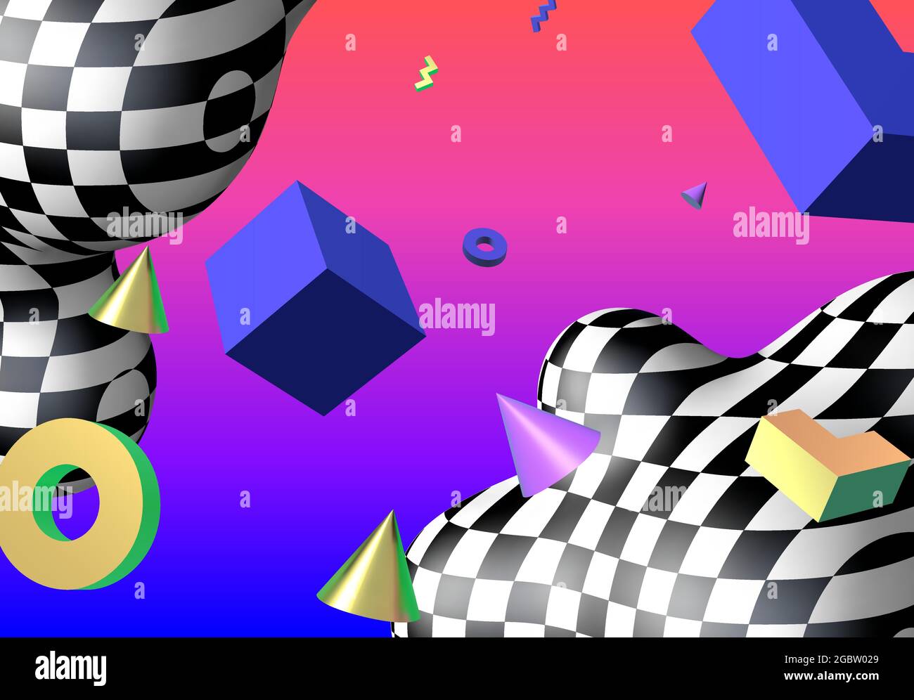 Abstract background with flying colorful 3D geometric shapes over vibrant gradient backdrop ...