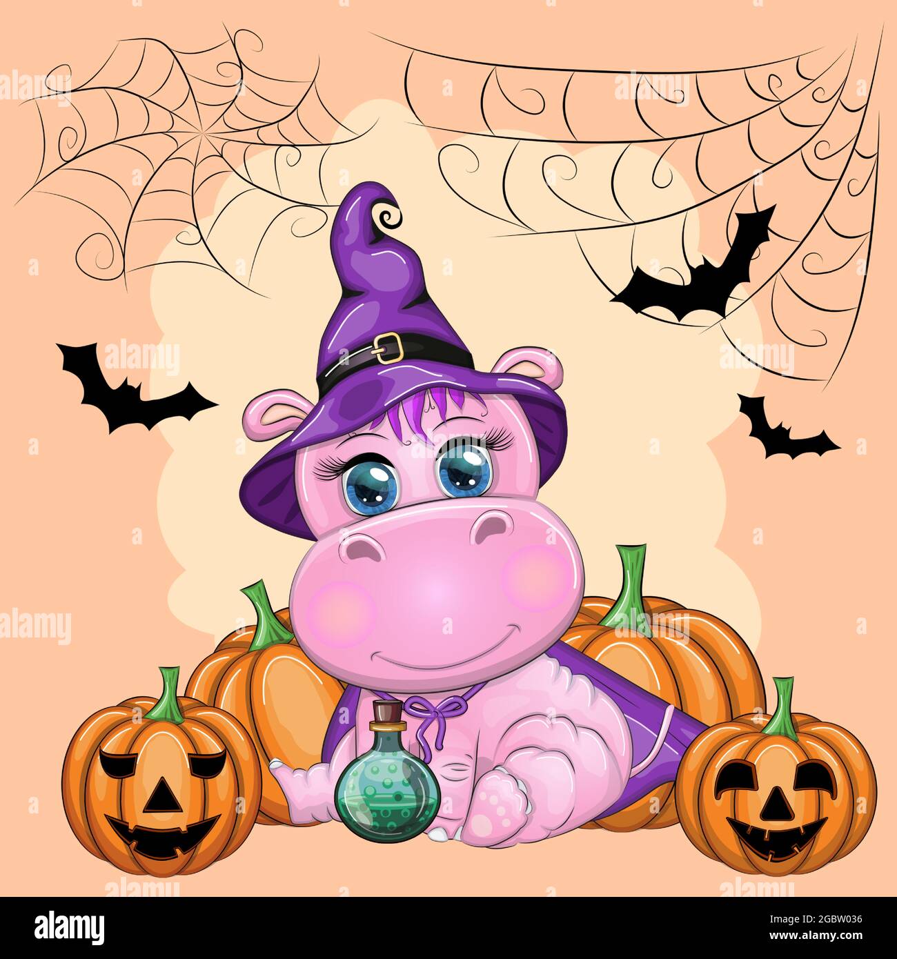 Cartoon hippo with a potion in a purple witch hat and cloak on the ...