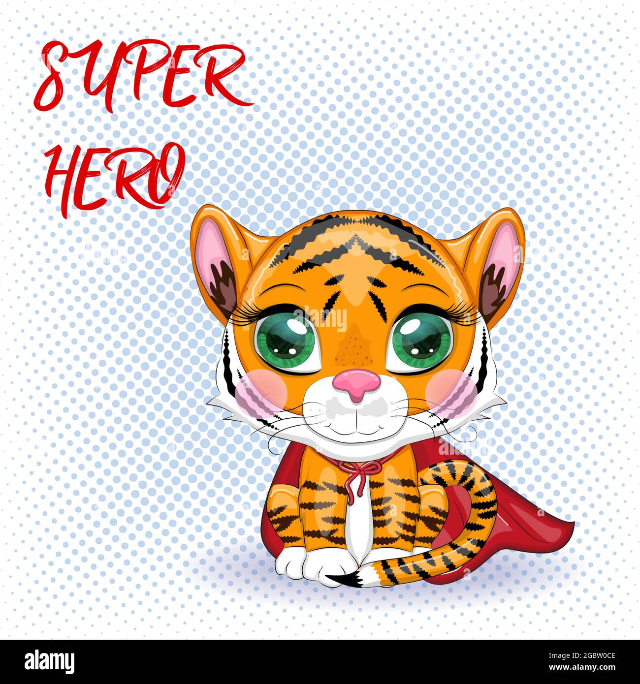 Cute cartoon tiger with beautiful eyes, orange in a red cloak, super ...