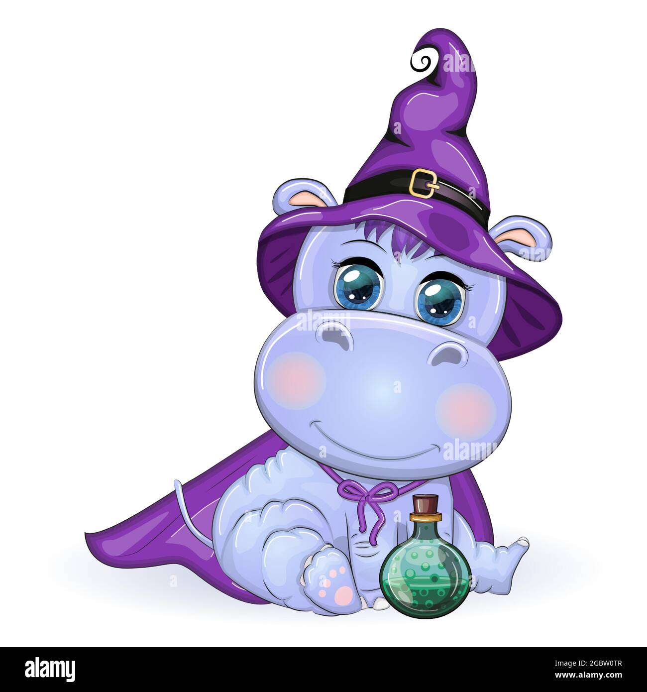 Cartoon hippo with a potion in a purple witch hat and cloak. Halloween ...