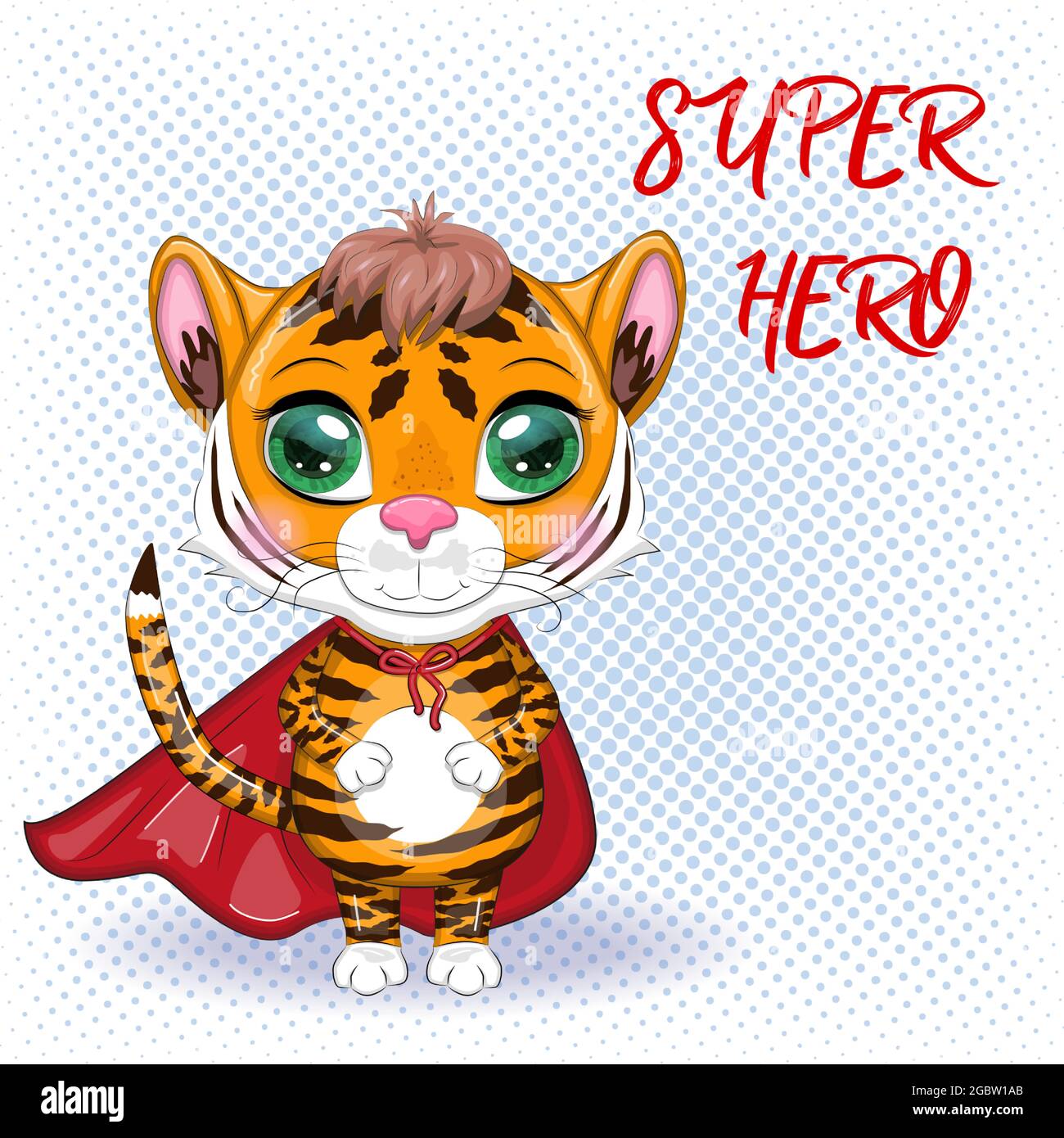 Cute cartoon tiger with beautiful eyes, orange in a red cloak, super ...