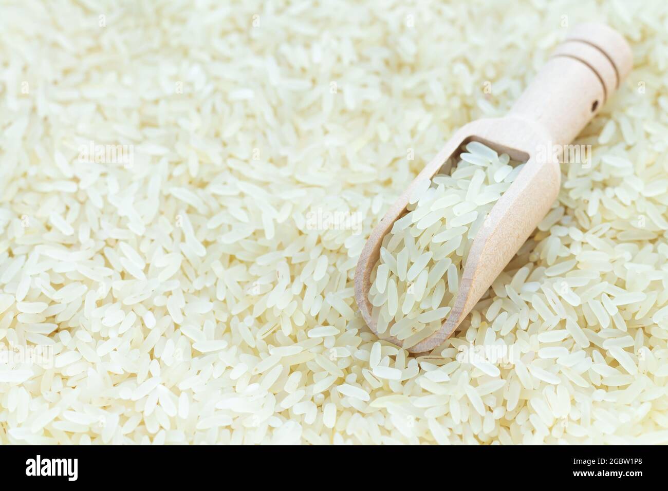 Wooden scoop of raw white organic rice, ingredient for cooking asian ...