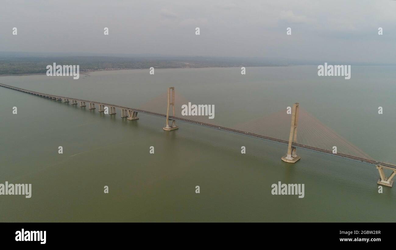 aerial view suspension cable bridge Suramadu over madura strait ...