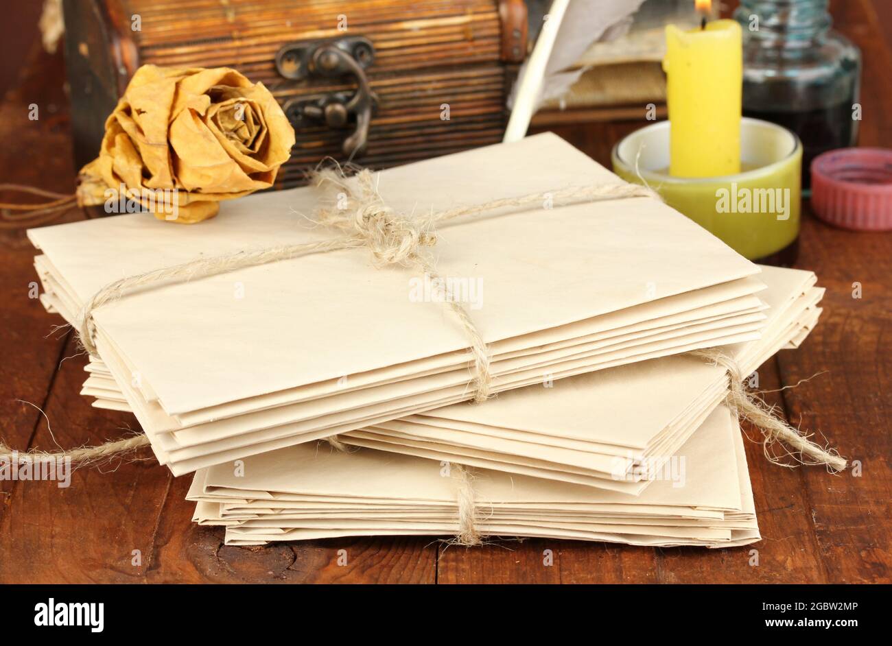Stacks of old letters on wooden table Stock Photo - Alamy