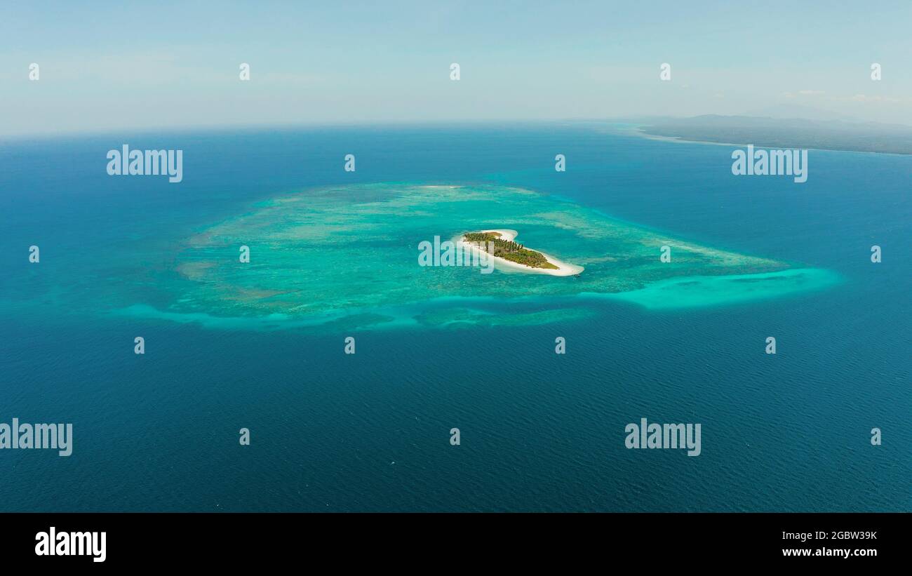 Tropical island Canimeran with sandy beach in the blue sea with coral ...